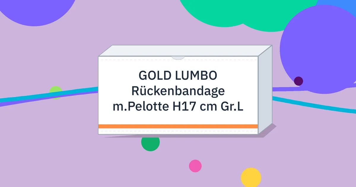 Symbolbild: Packung mit der Aufschrift GOLD LUMBO Rückenbandage m.Pelotte H17 cm Gr.L (PZN 19133695) – Verfügbarkeit und Bezug in Apotheken in Frankfurt am Main