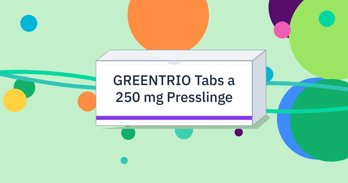 Symbolbild: Packung mit der Aufschrift GREENTRIO Tabs a 250 mg Presslinge (PZN 19307600) – Verfügbarkeit und Bezug in Apotheken in Frankfurt am Main