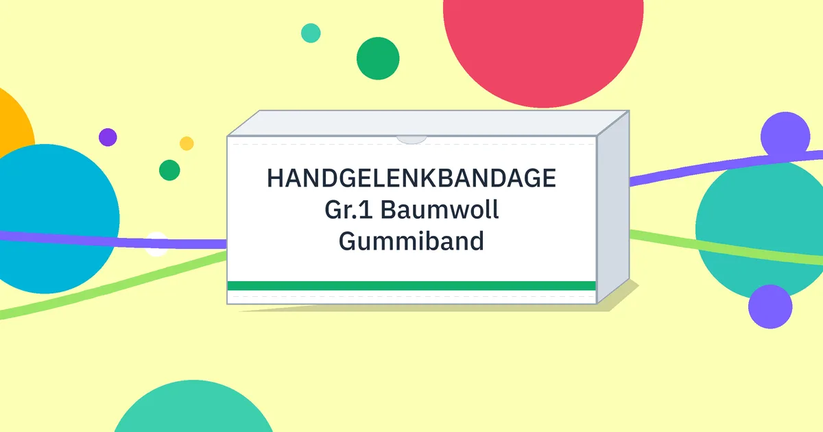 Symbolbild: Packung mit der Aufschrift HANDGELENKBANDAGE Gr.1 Baumwoll Gummiband (PZN 04755623) – Verfügbarkeit und Bezug in Apotheken in Frankfurt am Main