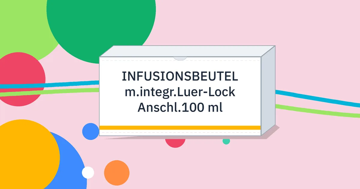 Symbolbild: Packung mit der Aufschrift INFUSIONSBEUTEL m.integr.Luer-Lock Anschl.100 ml (PZN 07267060) – Verfügbarkeit und Bezug in Apotheken in Frankfurt am Main