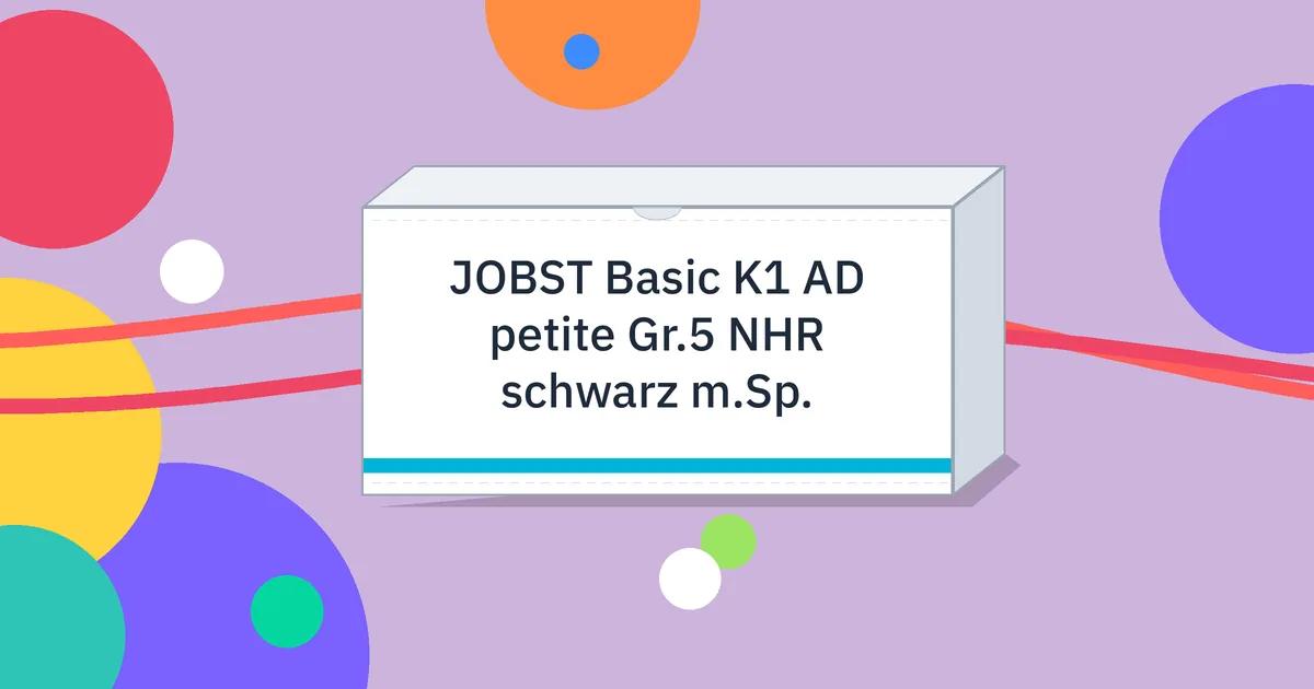 Symbolbild: Packung mit der Aufschrift JOBST Basic K1 AD petite Gr.5 NHR schwarz m.Sp. (PZN 15313609) – Verfügbarkeit und Bezug in Apotheken in Frankfurt am Main