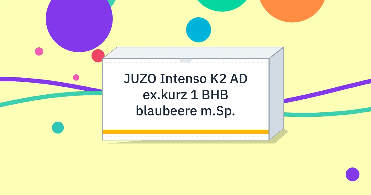 Symbolbild: Packung mit der Aufschrift JUZO Intenso K2 AD ex.kurz 1 BHB blaubeere m.Sp. (PZN 18615156) – Verfügbarkeit und Bezug in Apotheken in Frankfurt am Main