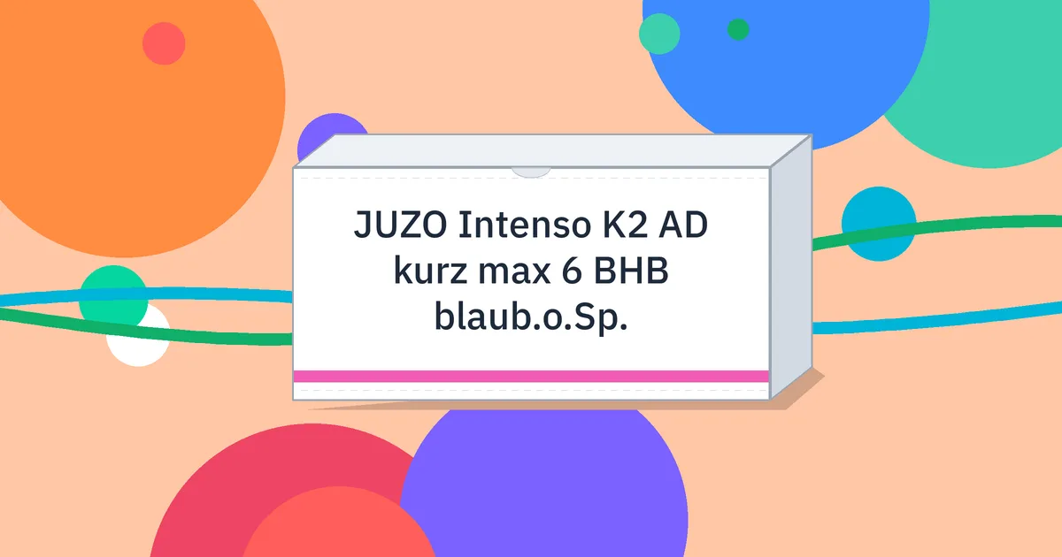 Symbolbild: Packung mit der Aufschrift JUZO Intenso K2 AD kurz max 6 BHB blaub.o.Sp. (PZN 18626303) – Verfügbarkeit und Bezug in Apotheken in Frankfurt am Main