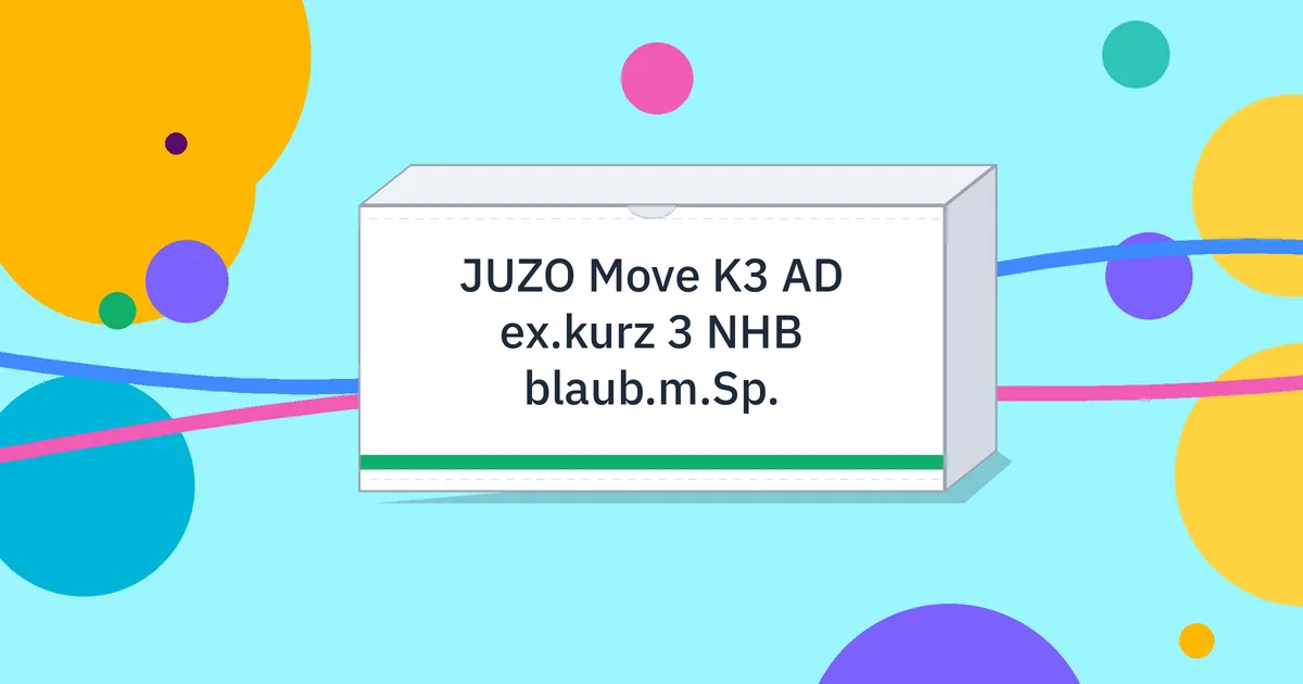Symbolbild: Packung mit der Aufschrift JUZO Move K3 AD ex.kurz 3 NHB blaub.m.Sp. (PZN 18573363) – Verfügbarkeit und Bezug in Apotheken in Frankfurt am Main