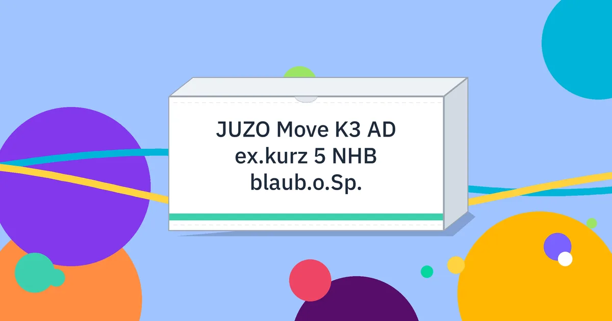 Symbolbild: Packung mit der Aufschrift JUZO Move K3 AD ex.kurz 5 NHB blaub.o.Sp. (PZN 18574049) – Verfügbarkeit und Bezug in Apotheken in Frankfurt am Main