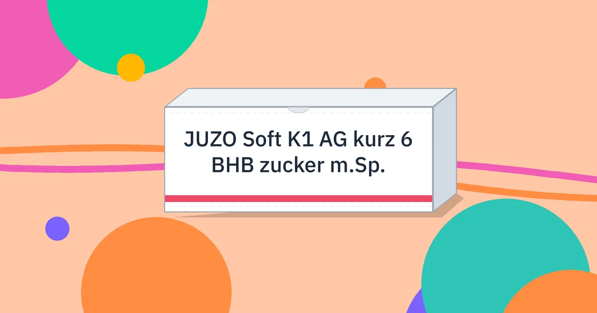 Symbolbild: Packung mit der Aufschrift JUZO Soft K1 AG kurz 6 BHB zucker m.Sp. (PZN 14821953) – Verfügbarkeit und Bezug in Apotheken in Frankfurt am Main