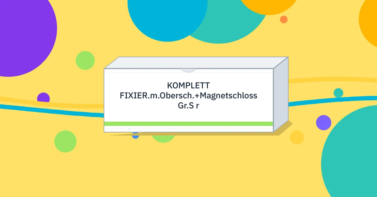 Symbolbild: Packung mit der Aufschrift KOMPLETT FIXIER.m.Obersch.+Magnetschloss Gr.S r (PZN 11573704) – Verfügbarkeit und Bezug in Apotheken in Frankfurt am Main