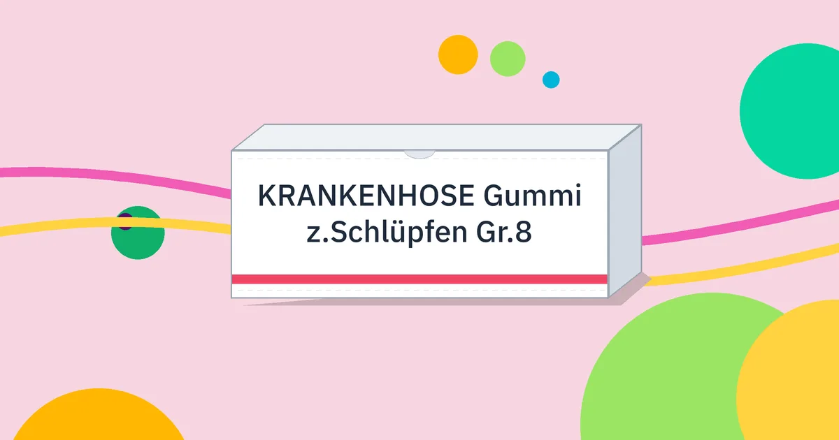 Symbolbild: Packung mit der Aufschrift KRANKENHOSE Gummi z.Schlüpfen Gr.8 (PZN 01979919) – Verfügbarkeit und Bezug in Apotheken in Frankfurt am Main