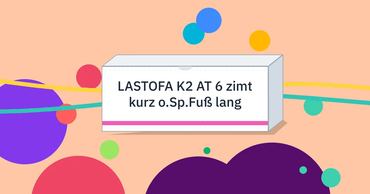 Symbolbild: Packung mit der Aufschrift LASTOFA K2 AT 6 zimt kurz o.Sp.Fuß lang (PZN 14151961) – Verfügbarkeit und Bezug in Apotheken in Frankfurt am Main