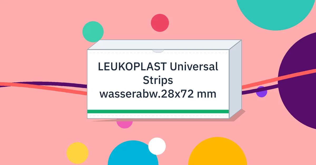 Symbolbild: Packung mit der Aufschrift LEUKOPLAST Universal Strips wasserabw.28x72 mm (PZN 14062074) – Verfügbarkeit und Bezug in Apotheken in Frankfurt am Main