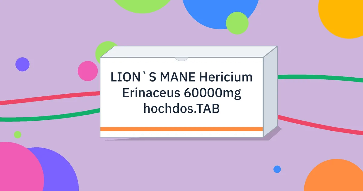 Symbolbild: Packung mit der Aufschrift LION`S MANE Hericium Erinaceus 60000mg hochdos.TAB (PZN 19427741) – Verfügbarkeit und Bezug in Apotheken in Frankfurt am Main