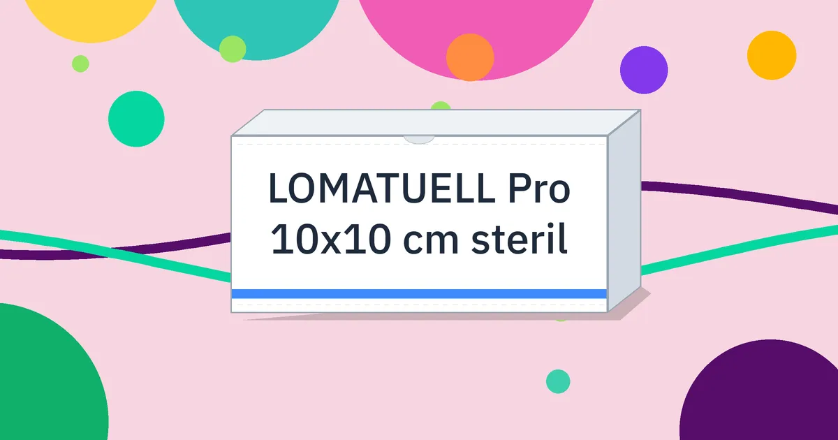 Symbolbild: Packung mit der Aufschrift LOMATUELL Pro 10x10 cm steril (PZN 17639686) – Verfügbarkeit und Bezug in Apotheken in Frankfurt am Main
