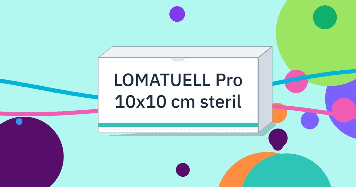 Symbolbild: Packung mit der Aufschrift LOMATUELL Pro 10x10 cm steril (PZN 17842163) – Verfügbarkeit und Bezug in Apotheken in Frankfurt am Main