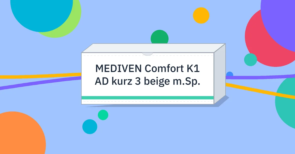 Symbolbild: Packung mit der Aufschrift MEDIVEN Comfort K1 AD kurz 3 beige m.Sp. (PZN 14563273) – Verfügbarkeit und Bezug in Apotheken in Frankfurt am Main