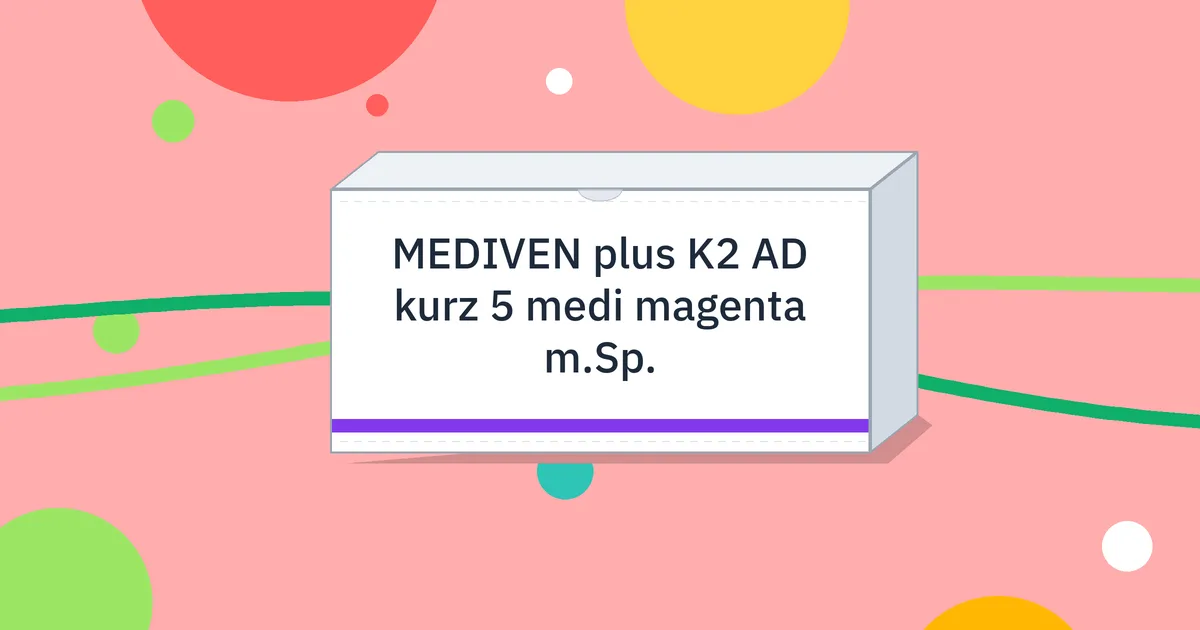 Symbolbild: Packung mit der Aufschrift MEDIVEN plus K2 AD kurz 5 medi magenta m.Sp. (PZN 15097301) – Verfügbarkeit und Bezug in Apotheken in Frankfurt am Main