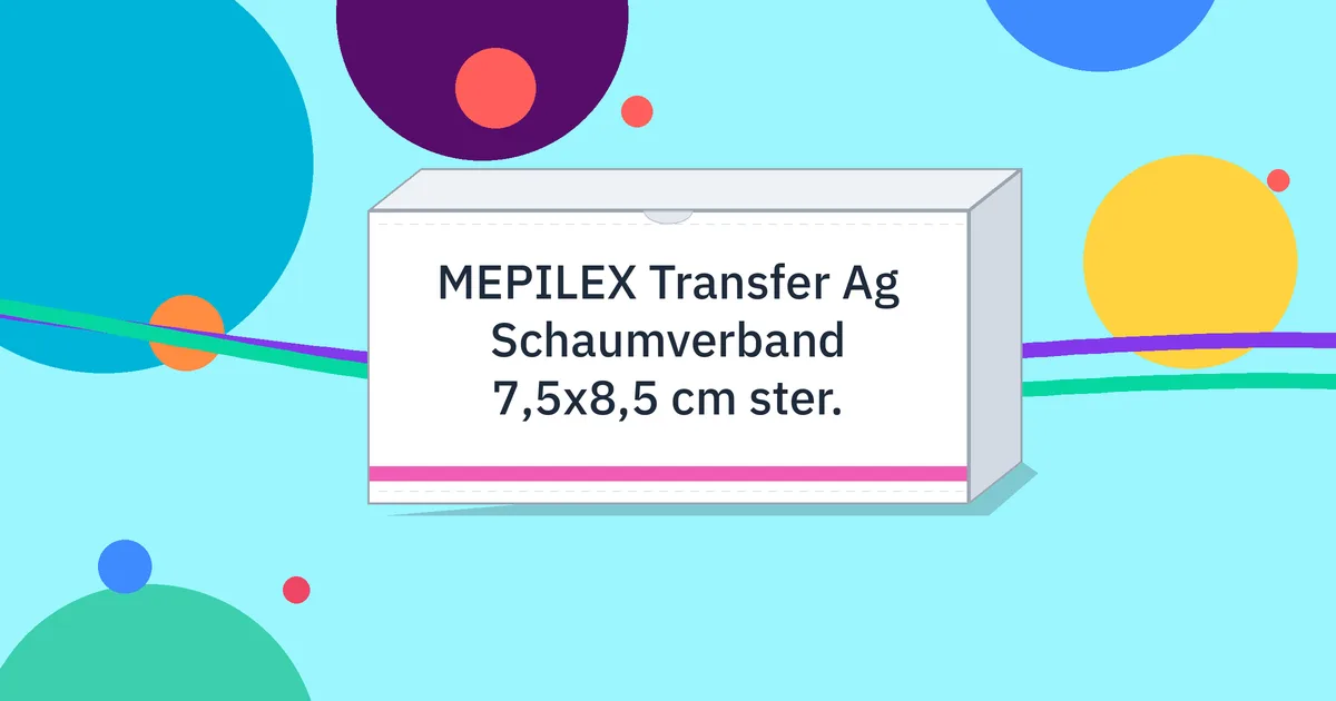 Symbolbild: Packung mit der Aufschrift MEPILEX Transfer Ag Schaumverband 7,5x8,5 cm ster. (PZN 14335543) – Verfügbarkeit und Bezug in Apotheken in Frankfurt am Main