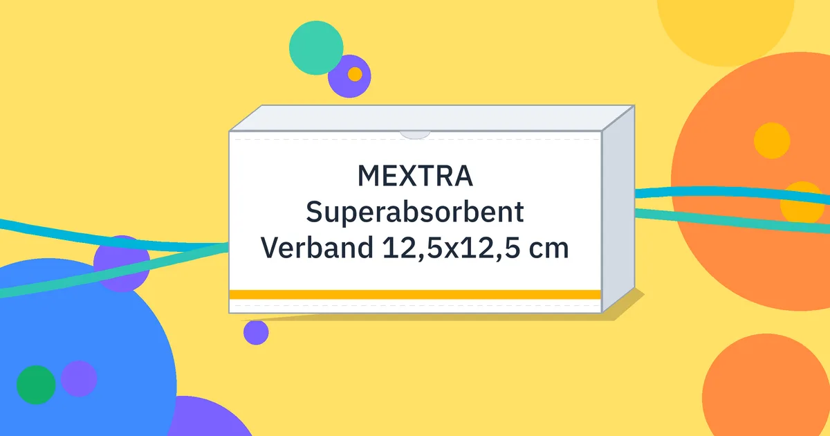 Symbolbild: Packung mit der Aufschrift MEXTRA Superabsorbent Verband 12,5x12,5 cm (PZN 17514683) – Verfügbarkeit und Bezug in Apotheken in Frankfurt am Main