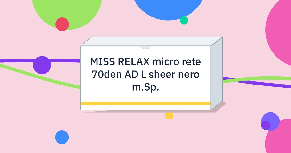 Symbolbild: Packung mit der Aufschrift MISS RELAX micro rete 70den AD L sheer nero m.Sp. (PZN 16183379) – Verfügbarkeit und Bezug in Apotheken in Frankfurt am Main
