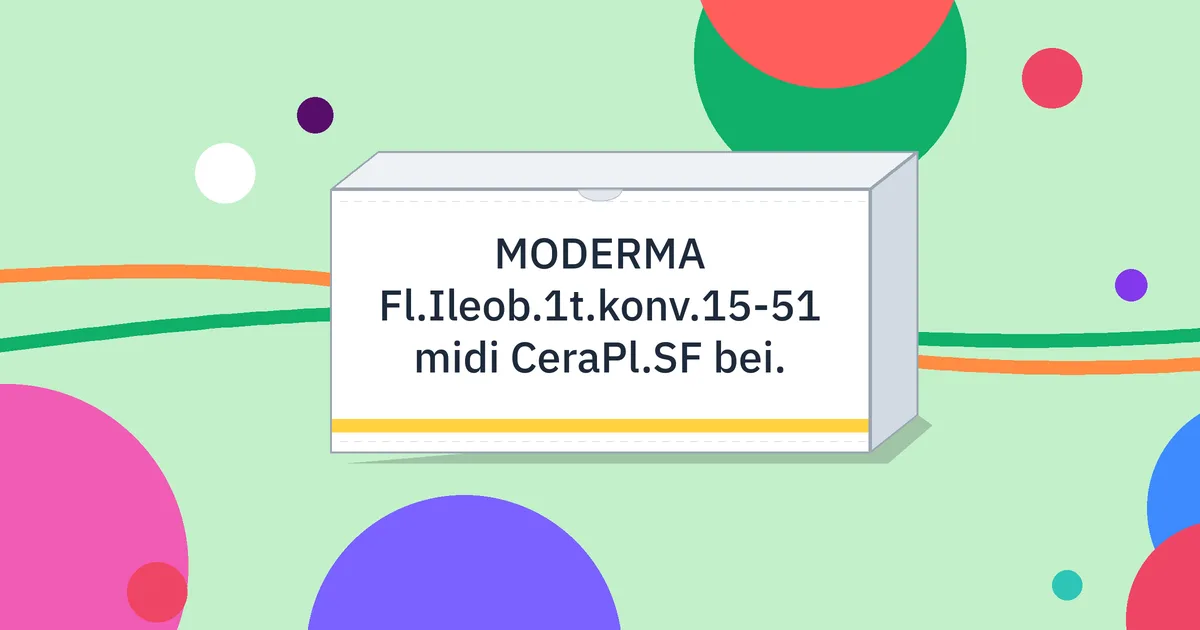 Symbolbild: Packung mit der Aufschrift MODERMA Fl.Ileob.1t.konv.15-51 midi CeraPl.SF bei. (PZN 18109192) – Verfügbarkeit und Bezug in Apotheken in Frankfurt am Main