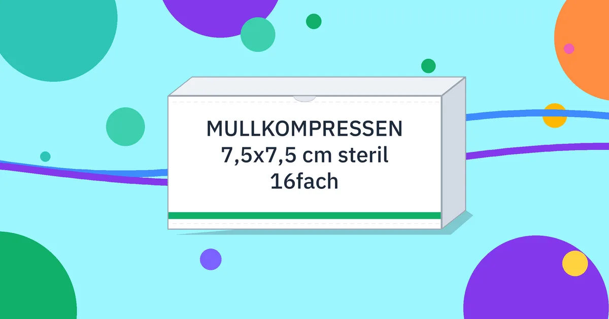 Symbolbild: Packung mit der Aufschrift MULLKOMPRESSEN 7,5x7,5 cm steril 16fach (PZN 07385931) – Verfügbarkeit und Bezug in Apotheken in Frankfurt am Main