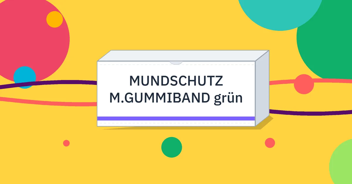Symbolbild: Packung mit der Aufschrift MUNDSCHUTZ M.GUMMIBAND grün (PZN 07266379) – Verfügbarkeit und Bezug in Apotheken in Frankfurt am Main
