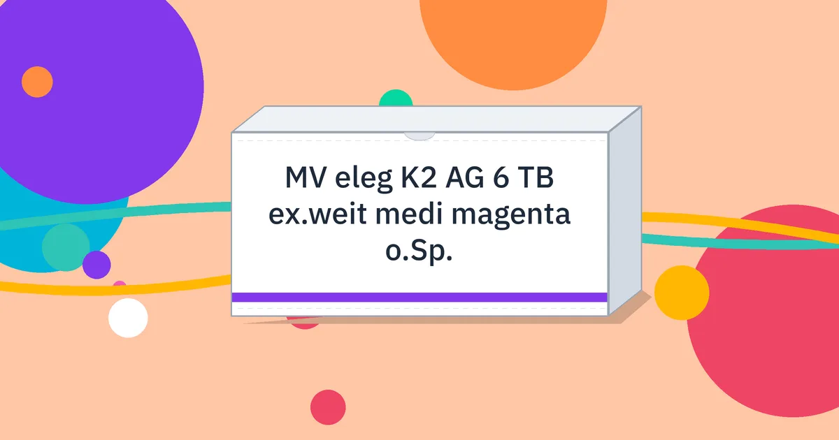 Symbolbild: Packung mit der Aufschrift MV eleg K2 AG 6 TB ex.weit medi magenta o.Sp. (PZN 14641760) – Verfügbarkeit und Bezug in Apotheken in Frankfurt am Main