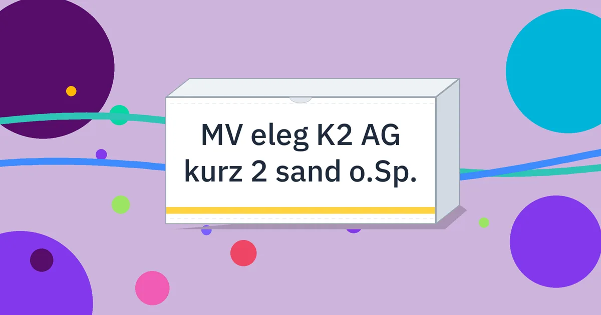 Symbolbild: Packung mit der Aufschrift MV eleg K2 AG kurz 2 sand o.Sp. (PZN 18924816) – Verfügbarkeit und Bezug in Apotheken in Frankfurt am Main