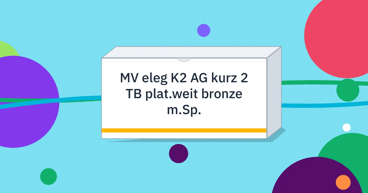 Symbolbild: Packung mit der Aufschrift MV eleg K2 AG kurz 2 TB plat.weit bronze m.Sp. (PZN 14716021) – Verfügbarkeit und Bezug in Apotheken in Frankfurt am Main