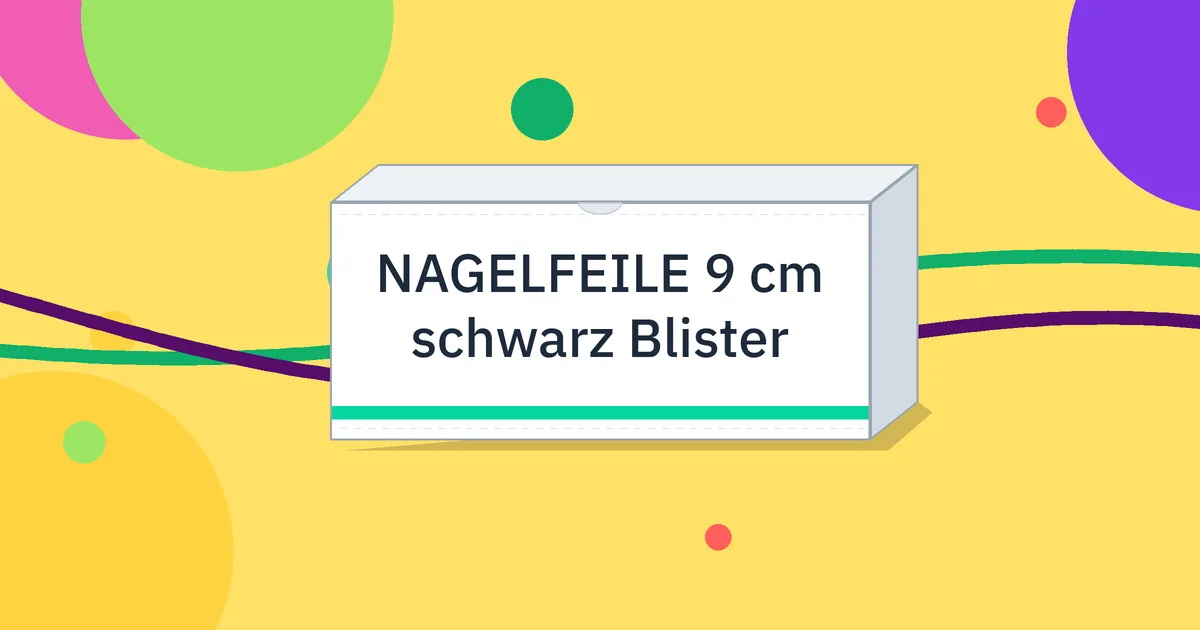Symbolbild: Packung mit der Aufschrift NAGELFEILE 9 cm schwarz Blister (PZN 01584635) – Verfügbarkeit und Bezug in Apotheken in Frankfurt am Main