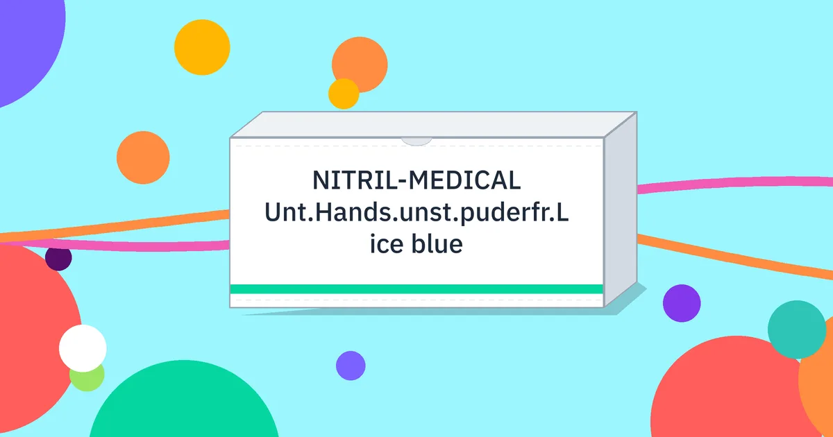 Symbolbild: Packung mit der Aufschrift NITRIL-MEDICAL Unt.Hands.unst.puderfr.L ice blue (PZN 18766688) – Verfügbarkeit und Bezug in Apotheken in Frankfurt am Main