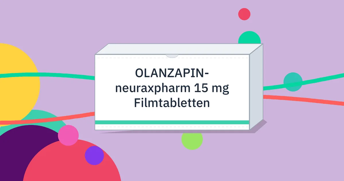 Symbolbild: Packung mit der Aufschrift OLANZAPIN-neuraxpharm 15 mg Filmtabletten (PZN 14448017) – Verfügbarkeit und Bezug in Apotheken in Frankfurt am Main