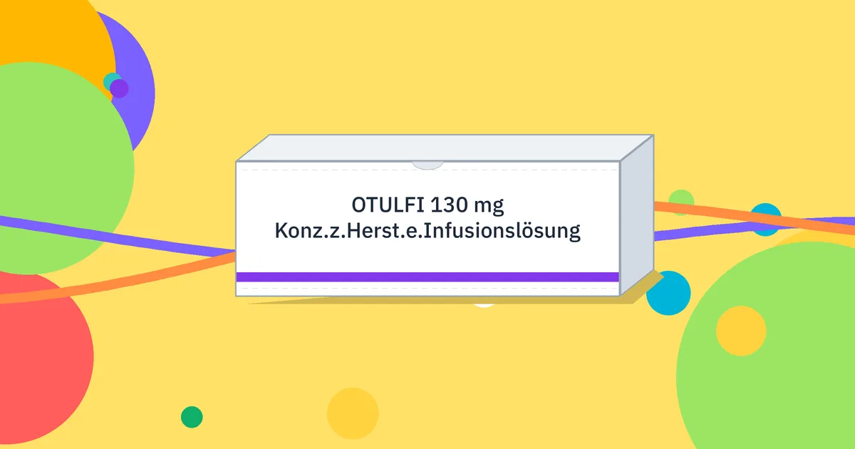 Symbolbild: Packung mit der Aufschrift OTULFI 130 mg Konz.z.Herst.e.Infusionslösung (PZN 20136894) – Verfügbarkeit und Bezug in Apotheken in Frankfurt am Main