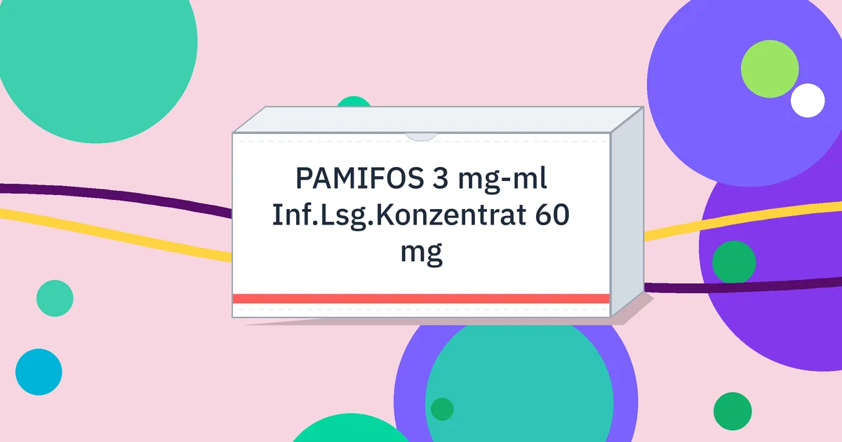 Symbolbild: Packung mit der Aufschrift PAMIFOS 3 mg-ml Inf.Lsg.Konzentrat 60 mg (PZN 03162275) – Verfügbarkeit und Bezug in Apotheken in Frankfurt am Main