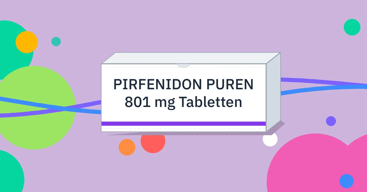 Symbolbild: Packung mit der Aufschrift PIRFENIDON PUREN 801 mg Tabletten (PZN 19238431) – Verfügbarkeit und Bezug in Apotheken in Frankfurt am Main