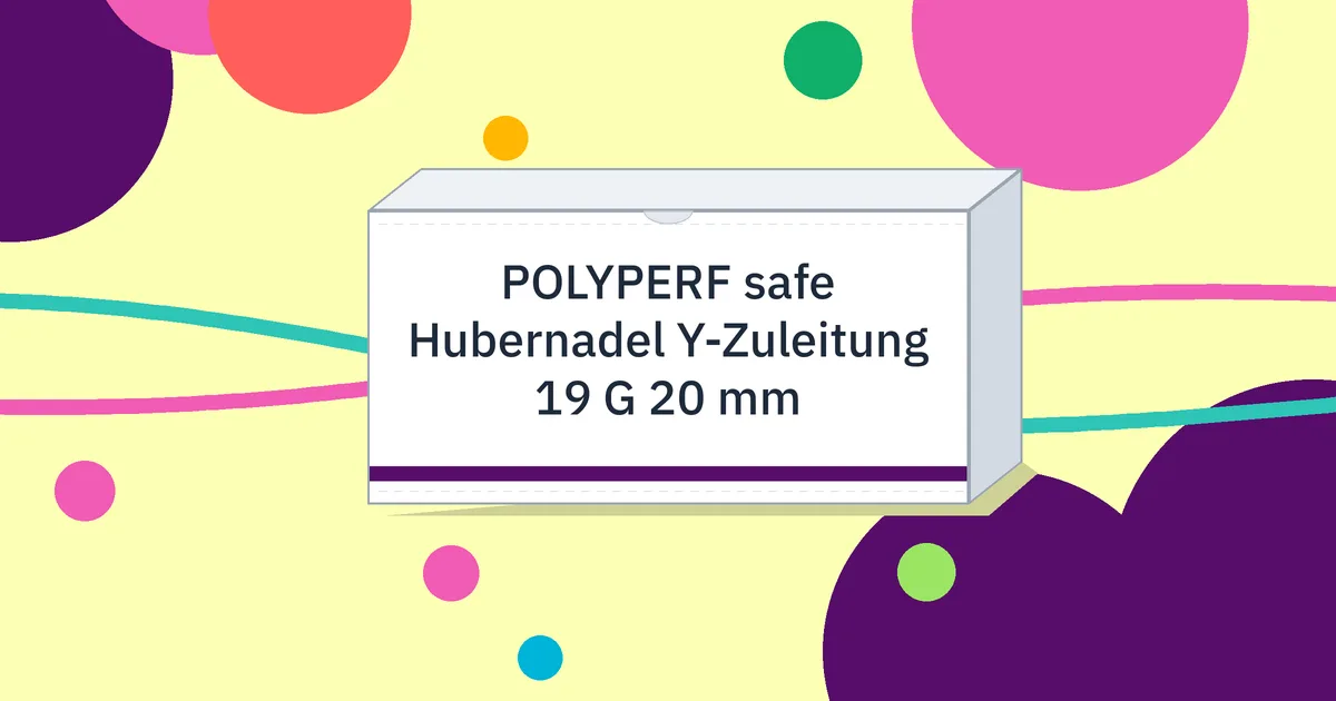 Symbolbild: Packung mit der Aufschrift POLYPERF safe Hubernadel Y-Zuleitung 19 G 20 mm (PZN 18114017) – Verfügbarkeit und Bezug in Apotheken in Frankfurt am Main