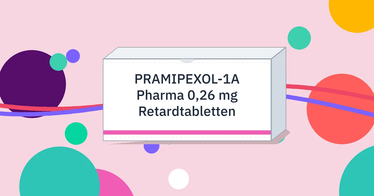 Symbolbild: Packung mit der Aufschrift PRAMIPEXOL-1A Pharma 0,26 mg Retardtabletten (PZN 13588087) – Verfügbarkeit und Bezug in Apotheken in Frankfurt am Main