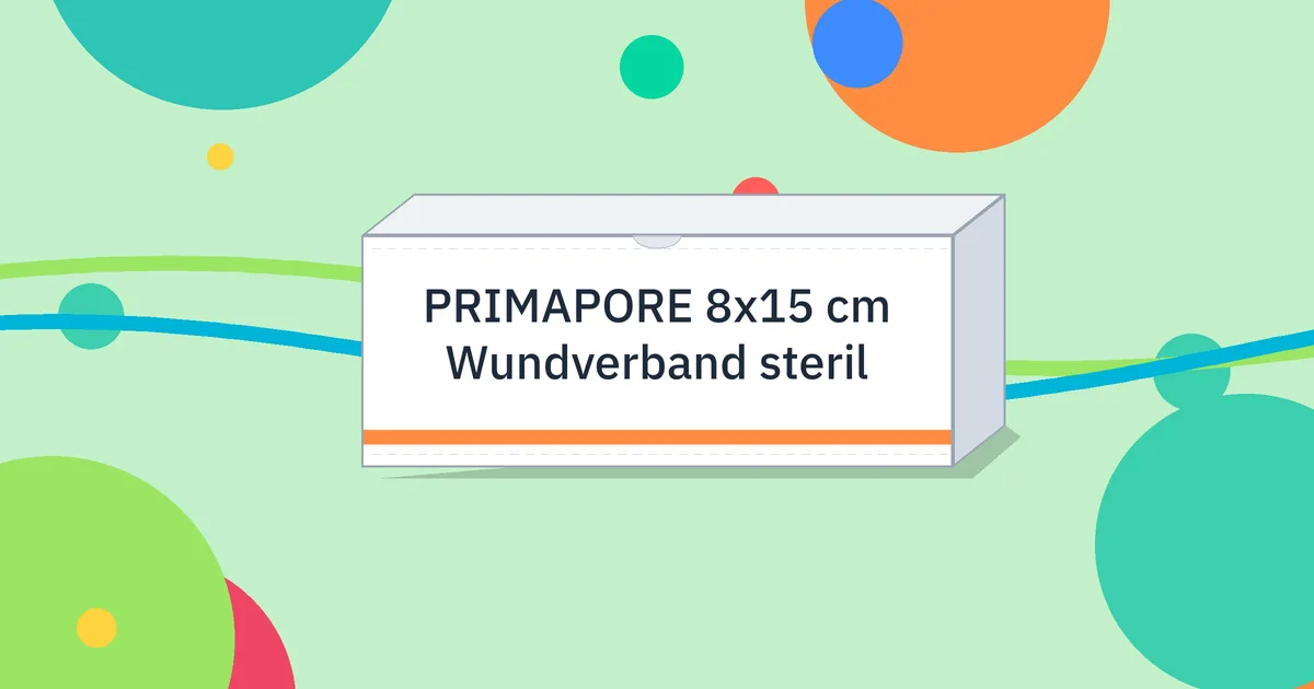 Symbolbild: Packung mit der Aufschrift PRIMAPORE 8x15 cm Wundverband steril (PZN 19703276) – Verfügbarkeit und Bezug in Apotheken in Frankfurt am Main