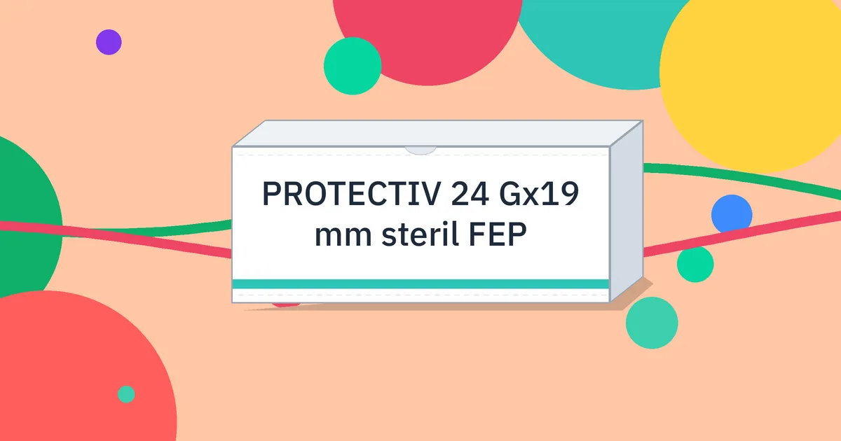 Symbolbild: Packung mit der Aufschrift PROTECTIV 24 Gx19 mm steril FEP (PZN 06447162) – Verfügbarkeit und Bezug in Apotheken in Frankfurt am Main