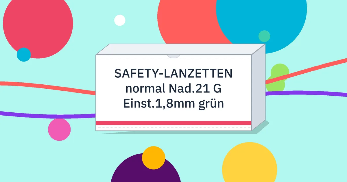 Symbolbild: Packung mit der Aufschrift SAFETY-LANZETTEN normal Nad.21 G Einst.1,8mm grün (PZN 20914848) – Verfügbarkeit und Bezug in Apotheken in Frankfurt am Main