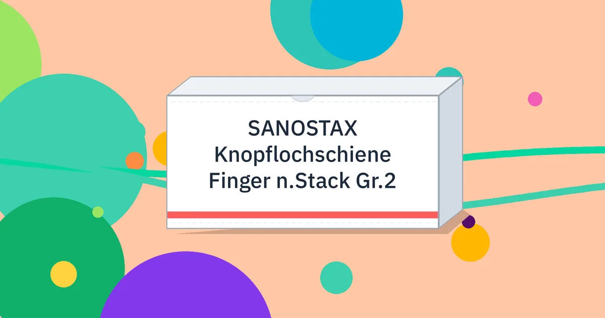 Symbolbild: Packung mit der Aufschrift SANOSTAX Knopflochschiene Finger n.Stack Gr.2 (PZN 15999966) – Verfügbarkeit und Bezug in Apotheken in Frankfurt am Main