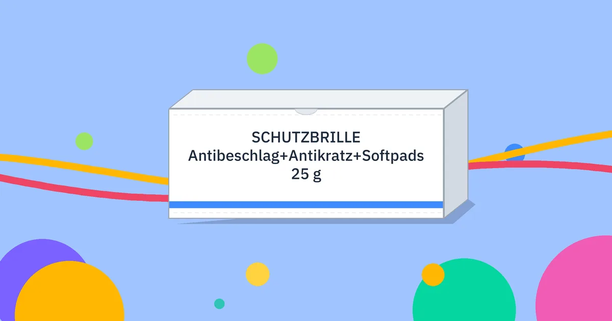 Symbolbild: Packung mit der Aufschrift SCHUTZBRILLE Antibeschlag+Antikratz+Softpads 25 g (PZN 09685092) – Verfügbarkeit und Bezug in Apotheken in Frankfurt am Main