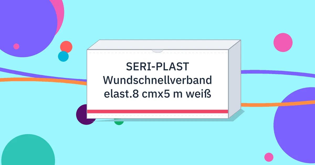 Symbolbild: Packung mit der Aufschrift SERI-PLAST Wundschnellverband elast.8 cmx5 m weiß (PZN 20845739) – Verfügbarkeit und Bezug in Apotheken in Frankfurt am Main