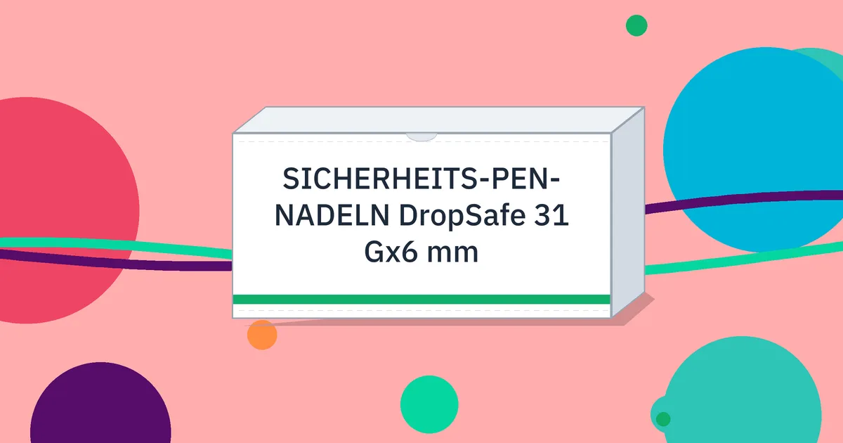 Symbolbild: Packung mit der Aufschrift SICHERHEITS-PEN-NADELN DropSafe 31 Gx6 mm (PZN 17848616) – Verfügbarkeit und Bezug in Apotheken in Frankfurt am Main
