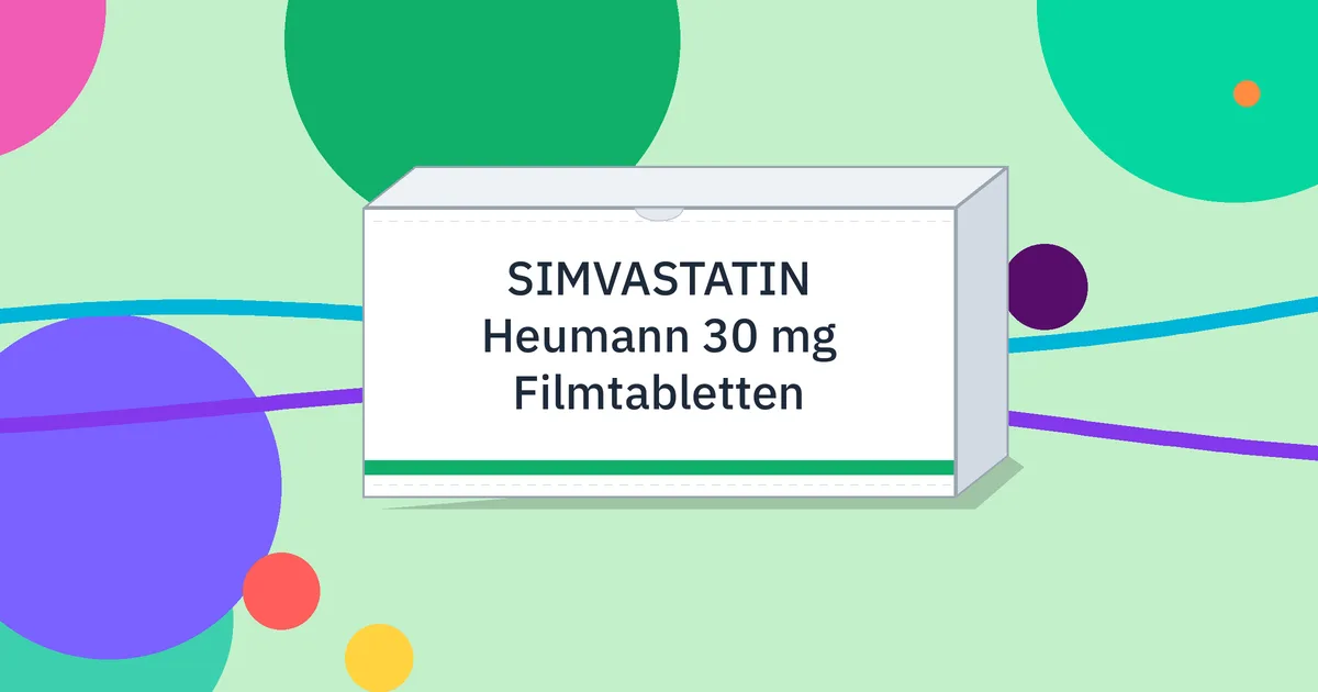 Symbolbild: Packung mit der Aufschrift SIMVASTATIN Heumann 30 mg Filmtabletten (PZN 09542369) – Verfügbarkeit und Bezug in Apotheken in Frankfurt am Main