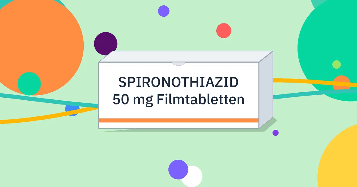 Symbolbild: Packung mit der Aufschrift SPIRONOTHIAZID 50 mg Filmtabletten (PZN 02197389) – Verfügbarkeit und Bezug in Apotheken in Frankfurt am Main