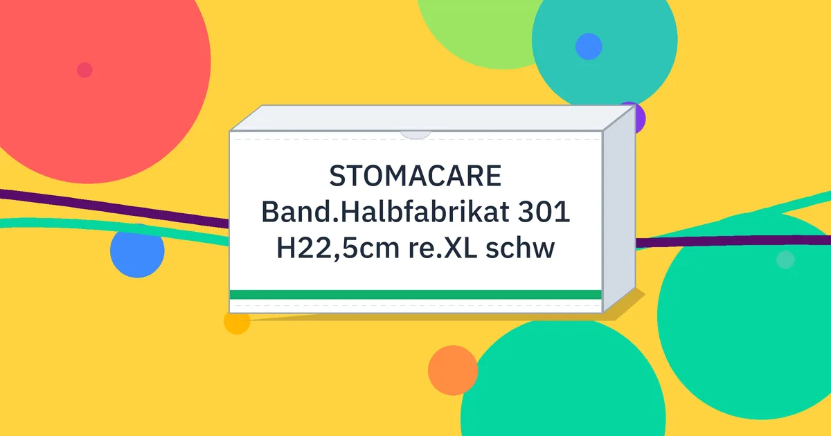 Symbolbild: Packung mit der Aufschrift STOMACARE Band.Halbfabrikat 301 H22,5cm re.XL schw (PZN 09436710) – Verfügbarkeit und Bezug in Apotheken in Frankfurt am Main