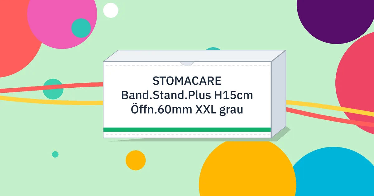 Symbolbild: Packung mit der Aufschrift STOMACARE Band.Stand.Plus H15cm Öffn.60mm XXL grau (PZN 16750312) – Verfügbarkeit und Bezug in Apotheken in Frankfurt am Main
