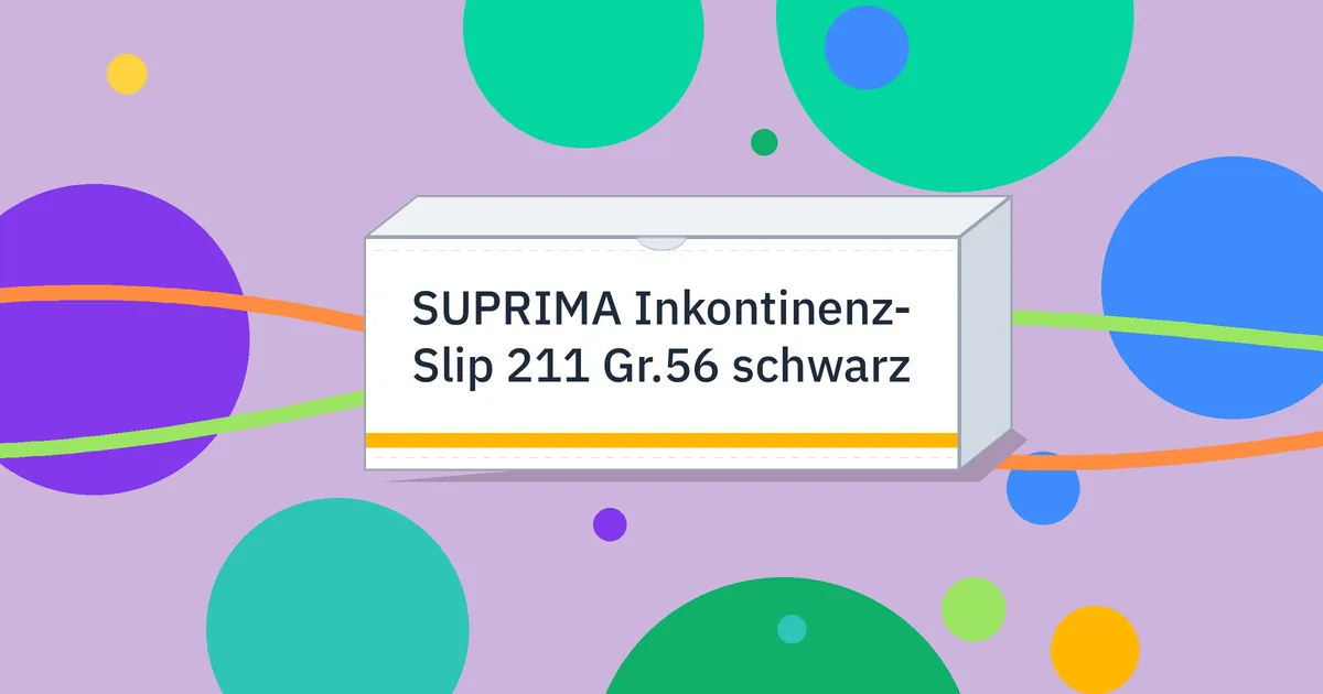 Symbolbild: Packung mit der Aufschrift SUPRIMA Inkontinenz-Slip 211 Gr.56 schwarz (PZN 00709193) – Verfügbarkeit und Bezug in Apotheken in Frankfurt am Main