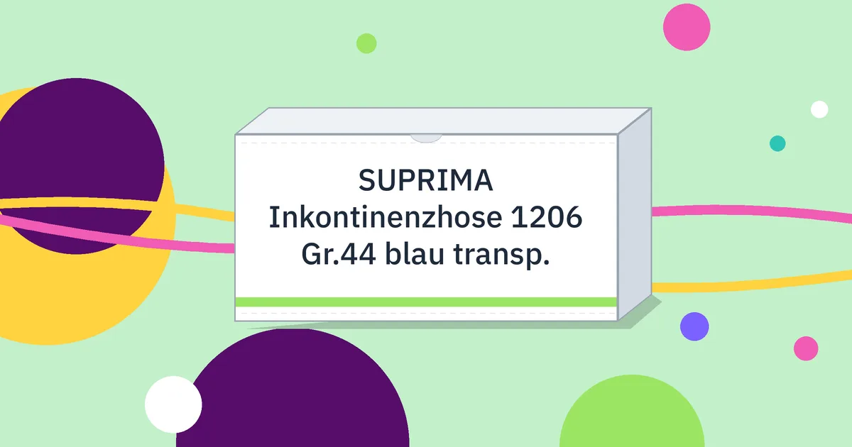 Symbolbild: Packung mit der Aufschrift SUPRIMA Inkontinenzhose 1206 Gr.44 blau transp. (PZN 01515195) – Verfügbarkeit und Bezug in Apotheken in Frankfurt am Main