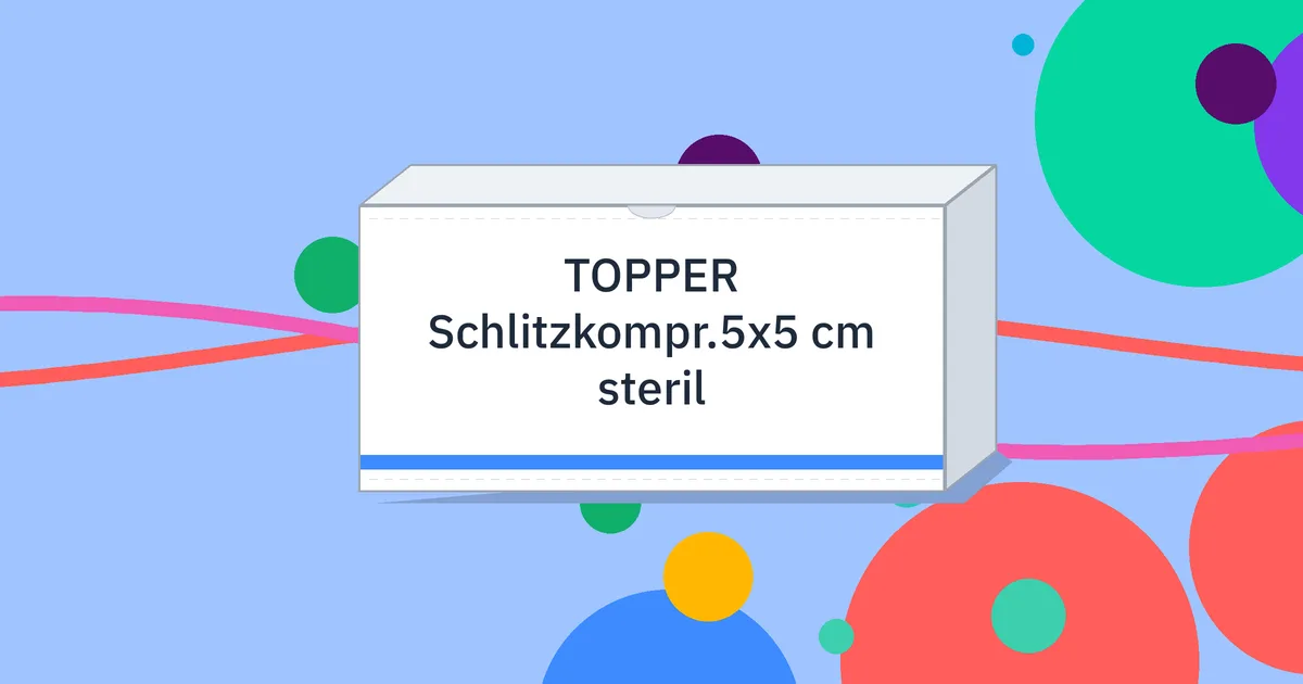 Symbolbild: Packung mit der Aufschrift TOPPER Schlitzkompr.5x5 cm steril (PZN 01011945) – Verfügbarkeit und Bezug in Apotheken in Frankfurt am Main